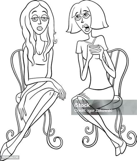 Coloriage Femme De Dessin Animé Bavardant À Une Autre Femme Qui Sennuie