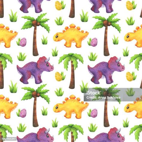 서식지에서 공룡과 원활한 패턴 흰색 배경에 섬에 노란색 보라색 공룡 트리케라톱스 스테고사우루스가 만화 스타일로 프린트된 어린이 공룡 프린트 0명에 대한 스톡 벡터 아트 및