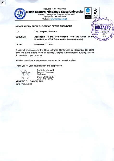 Unnumbered Memo Addendum To The Memorandum From The Office Of The President Re Coa Entrance