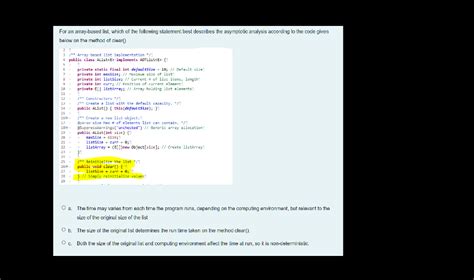 Solved For An Array Based List Which Of The Following Chegg