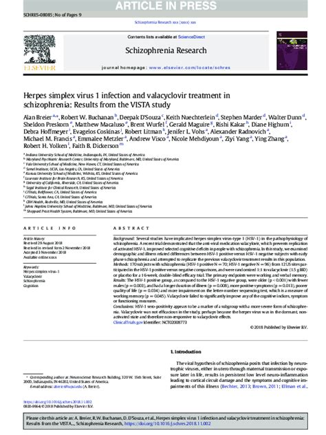 Pdf Herpes Simplex Virus 1 Infection And Valacyclovir Treatment In Schizophrenia Results From