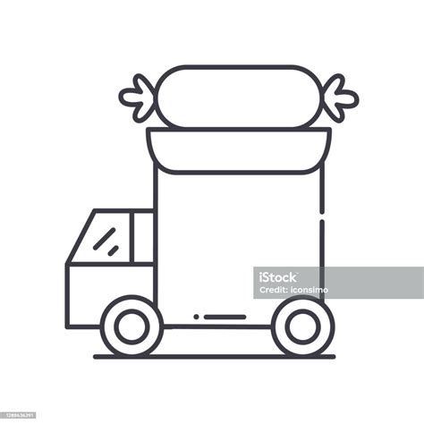 핫도그 트럭 아이콘 선형 절연 일러스트레이션 얇은 선 벡터 웹 디자인 기호 흰색 배경에 편집 가능한 스트로크와 개요 개념 기호 Film Festival에 대한 스톡 벡터