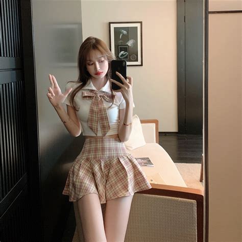 킨나 핑크 넥타이 흰 셔츠 체크 플리츠 스커트 교복 투피스 Set
