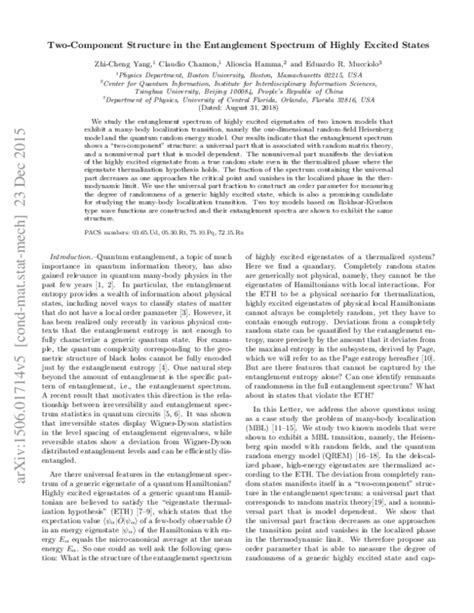 Pdf Two Component Structure In The Entanglement Spectrum Of Highly Excited States Alioscia