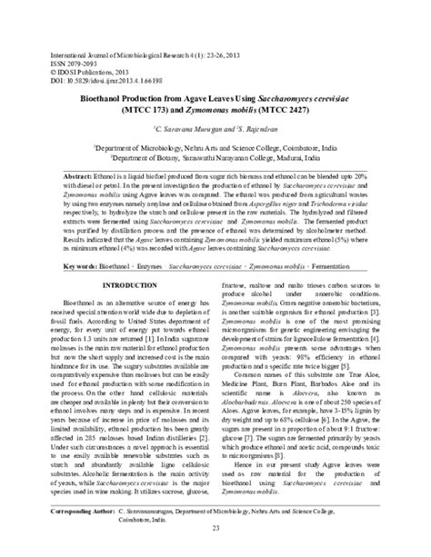 Pdf Bioethanol Production From Agave Leaves Using Saccharomyces Cerevisiae Mtcc 173 And
