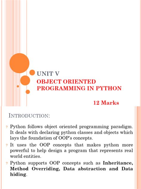 Unit V Object Oriented Programming In Python Pdf Class Computer