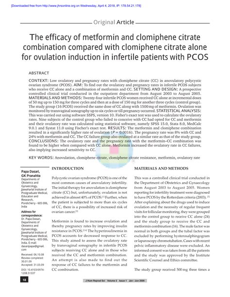 Pdf The Efficacy Of Metformin And Clomiphene Citrate Combination Compared With Clomiphene