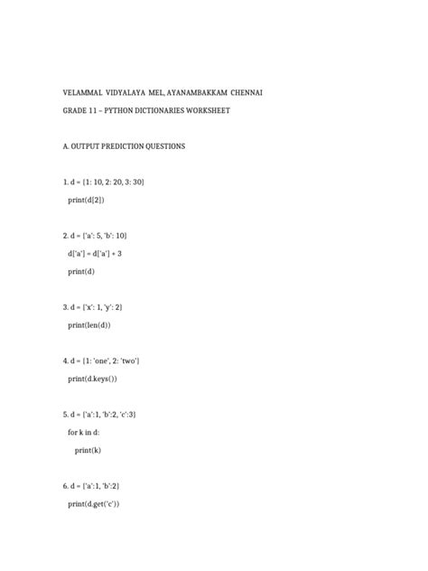 Python Dictionaries Worksheet For Grade 11 Pdf