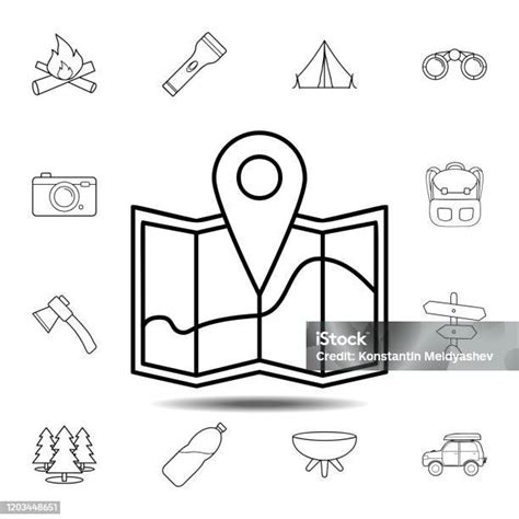 위치 핀을 매핑 아이콘에 표시합니다 Ui 및 Ux 웹 사이트 또는 모바일 응용 프로그램에 대한 캠핑 세트 아이콘의 간단한 개요 벡터 요소 Occurrence에 대한 스톡