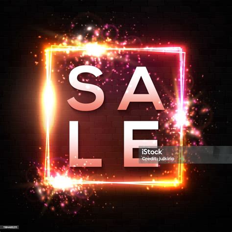 판매 배너 검은 벽돌 벽 광장 배경에 네온 빛 할인 기호입니다 다채로운 빛나는 사각형 프레임입니다 별 빛 플래시와 기하학적 전기 모양입니다 밝은 사각형 디자인 벡터