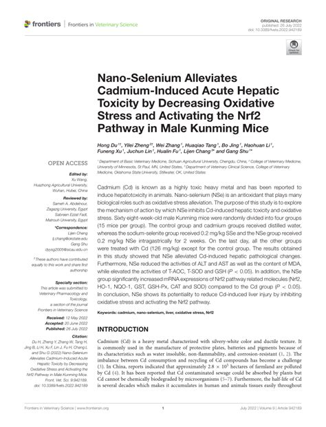 Pdf Nano Selenium Alleviates Cadmium Induced Acute Hepatic Toxicity By Decreasing Oxidative