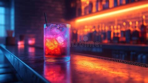 A Glowing Cocktail Glass On Bar Counter With Glowing Ice And Neon