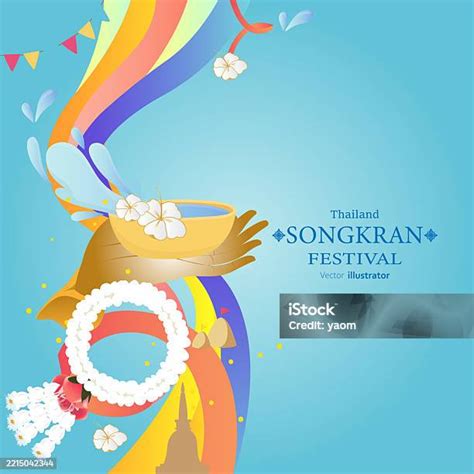 송크란 물 축제 여행 태국 물 그릇 물 튀는 꽃과 재스민 화환 벡터 일러스트 레이 션 배경 4월에 대한 스톡 벡터 아트 및 기타