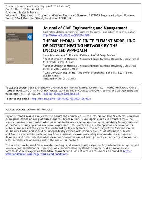 Pdf Thermo Hydraulic Finite Element Modelling Of District Heating Network By The Uncoupled