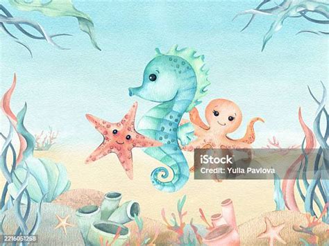 해마 불가사리 문어 수중 세계를 배경으로 한 귀여운 캐릭터 수채화 어린이 일러스트 해조류 산호 조개 해초 손으로 그린 아이 디자인 벽지 엽서 Animated Feature