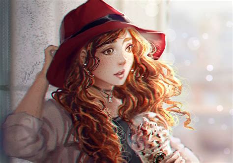 Обои на рабочий стол Девушка в шляпе с десертом в руке By Sillyselly обои для рабочего стола