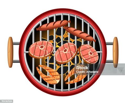바베 큐 디자인 요소 그릴 숯불 바베 큐 피크닉 생선 굽기 평면도 및 붉은 나무 손잡이 가진 장치를 요리에 소시지 벡터 그림을