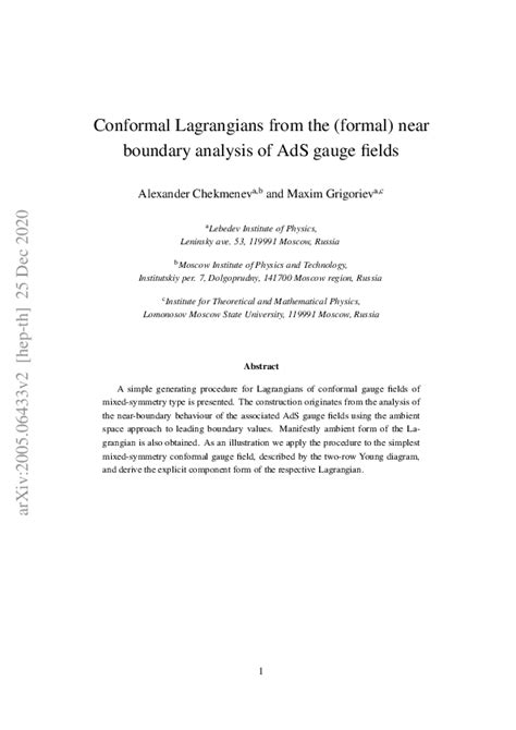 Pdf Conformal Lagrangians From The Formal Near Boundary Analysis Of Ads Gauge Fields