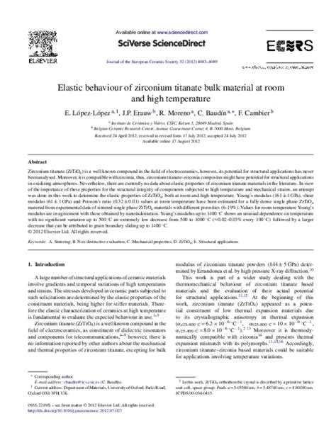 Pdf Elastic Behaviour Of Zirconium Titanate Bulk Material At Room And High Temperature