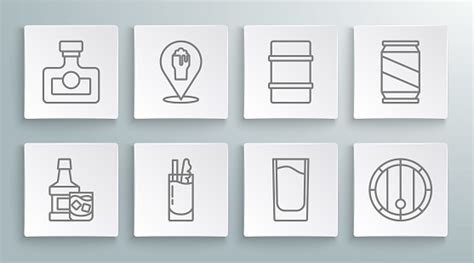 세트 라인 위스키 병 및 유리 알코올 또는 맥주 바 위치 칵테일 블러디 메리 샷 나무 통 금속 통 맥주 캔 및 음료 럼 아이콘 벡터 강철에 대한 스톡 벡터 아트 및 기타