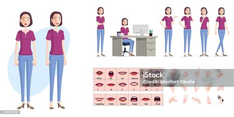 캐주얼 여성 캐릭터 생성 세트 움직일 수있는 관절을 가진 만화 여자 애니메이션 립싱크 손 제스처 감정 및 포즈 프리미엄 벡터 Lip Synching에 대한 스톡 벡터 아트