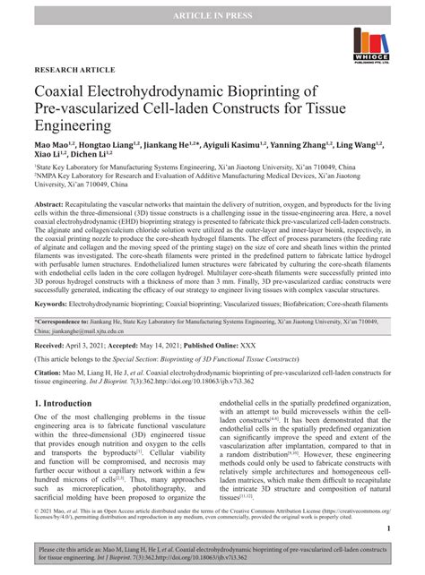 Pdf Coaxial Electrohydrodynamic Bioprinting Of Pre Vascularized Cell