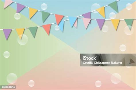 파스텔 배경에 거품이 있는 종이 화려한 깃발 파티 장식을위한 디자인 템플릿입니다 모임에 대한 스톡 벡터 아트 및 기타 이미지