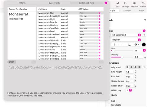 the font panel sitely documentation