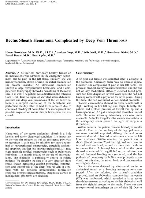 Pdf Rectus Sheath Hematoma Complicated By Deep Vein Thrombosis