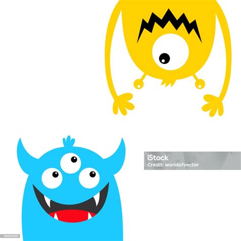 재미있는 괴물 세트 얼굴 머리 블루 옐로우 실루엣 눈 치아 송곳니 혀 손 거꾸로 매달려 귀여운 만화 가와이 이 아기 캐릭터입니다 즐거운 할로윈 보내세요 플랫 디자인 흰색