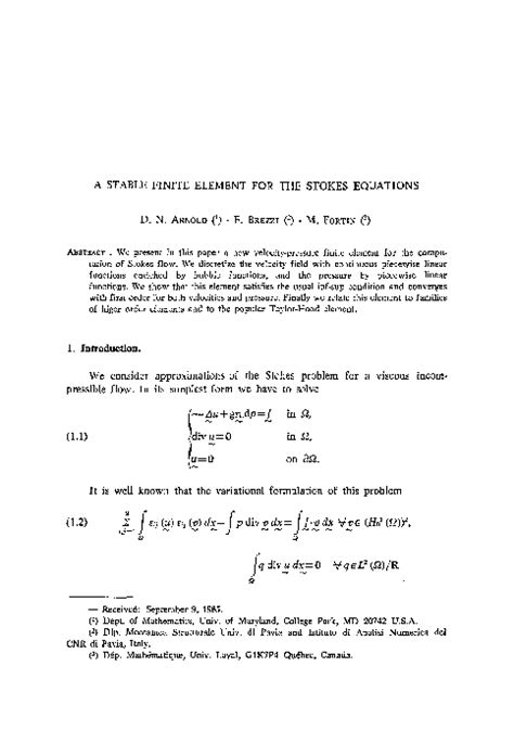 Pdf A Stable Finite Element For The Stokes Equations F Brezzi