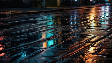 Urban Reflections Of Neon Lights On Wet Asphalt Texture 23577753 Stock