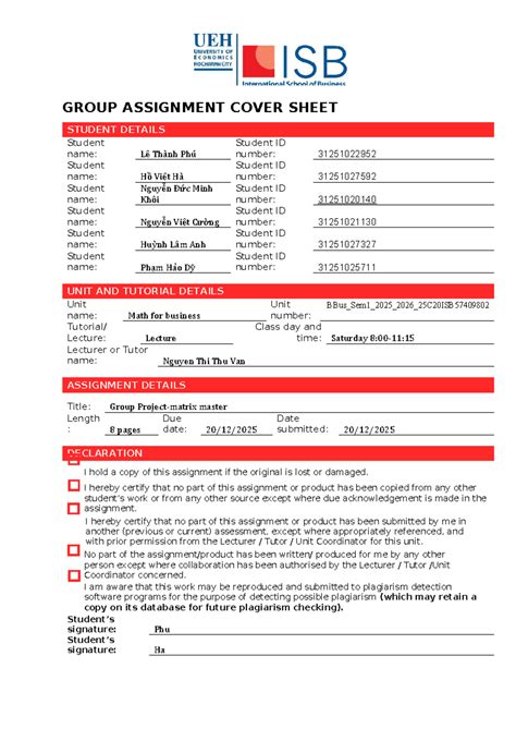 Group Assignment Cover Sheet Math For Business Bbussem120252026