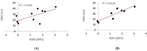 relationship between dbh and hsm of species sampled in rja a