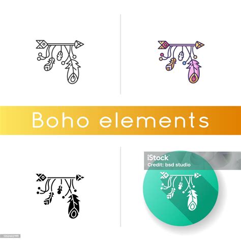 보헤미안 스타일 아이콘의 화살표와 깃털 부적 아메리카 원주민 인디언 신비의 상징 드림캐처 부적 빈티지 액세서리 리니어 블랙 및 Rgb 색상 스타일 격리된 벡터 그림 0명에