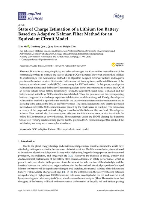 Pdf State Of Charge Estimation Of A Lithium Ion Battery Based On