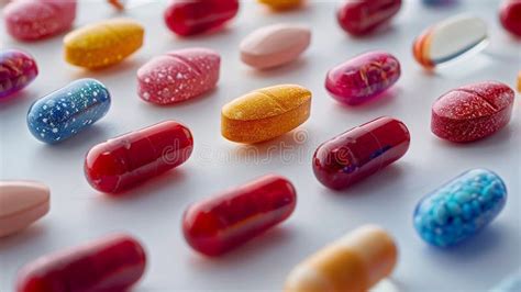 Assorted Colorful Pills And Capsules Arranged On A White Surface Stock Illustration