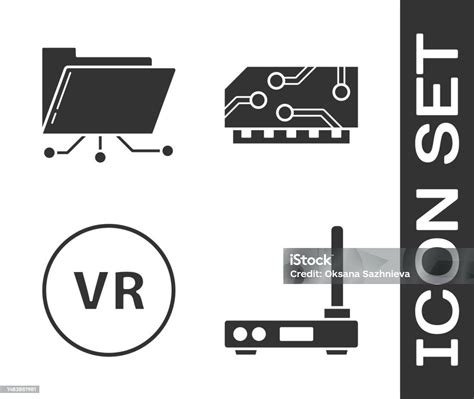 Set Router And Wifi Signal Folder And Lock Virtual Reality And Ram Random Access Memory Icon