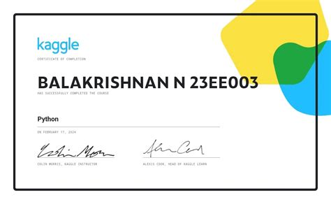 Completed Kaggle Certified Python Course Balakrishnan N Posted On