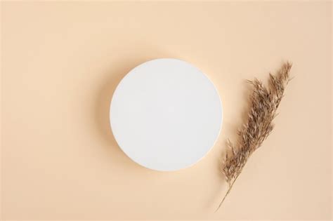 화장품 프레젠테이션을 위한 연단입니다 추상 최소한의 기하학적 형태입니다 마른 억새풀 부드러운 그림자가 있는 실린더 연단