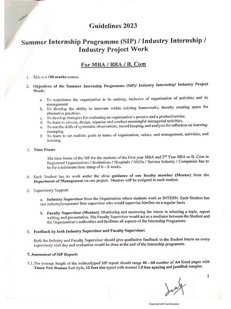 sip project work industry internship guidelines 2023 of mba bba and