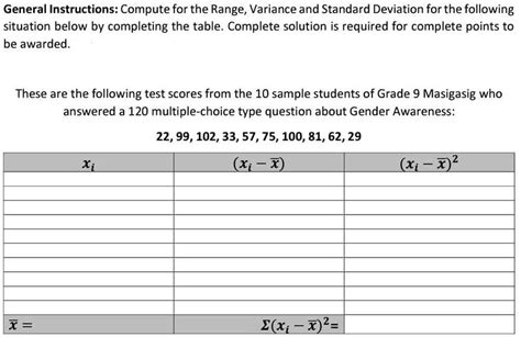General Instructions Compute For The Range Variance And Standard Deviation For The Following