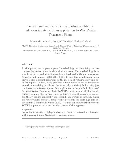Pdf Sensor Fault Reconstruction And Observability For Unknown Inputs