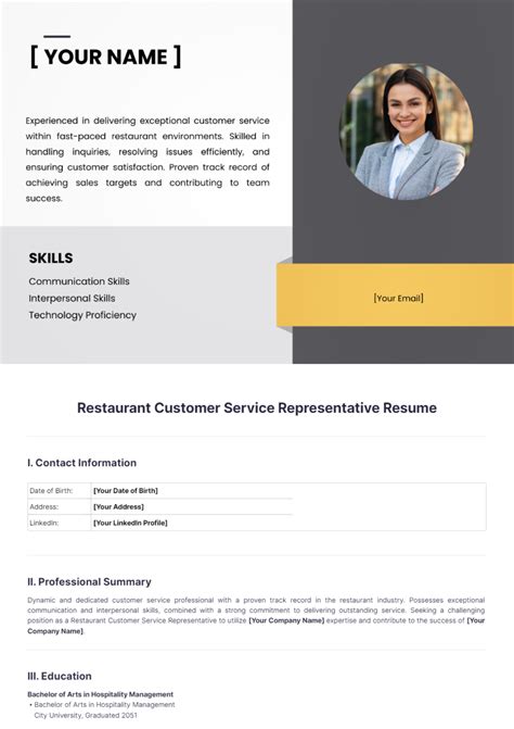 Free Restaurant Customer Service Representative Resume Template To Edit