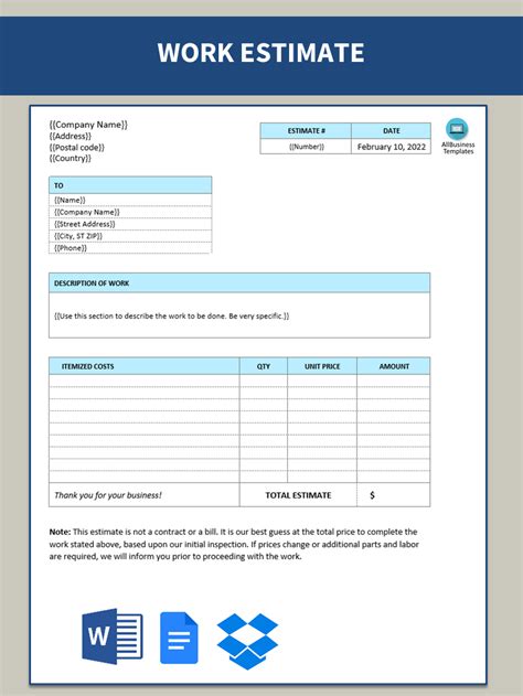 Job Estimate Templates PRINTABLE FORM By 11 Letter Document