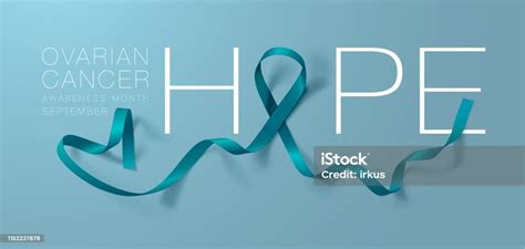 희망 난소 암 인식 서 예 포스터 디자인 현실적인 청록색 리본 9 월은 암 인식의 달입니다 벡터 나비매듭에 대한 스톡 벡터 아트 및 기타 이미지 Istock