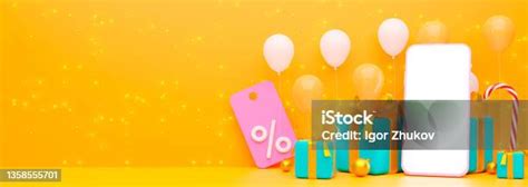 노란색 배경에 선물 상자 쿠폰 전화 조명 공기와 크리스마스 공과 롤리팝 웹 배너 3d 렌더링 선물에 대한 스톡 사진 및 기타 이미지 Istock