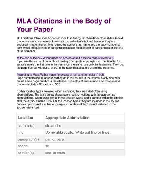 MLA In Text Citations MLA Citations In The Body Of Your Paper MLA Citations Follow Specific