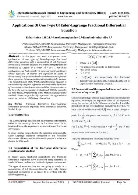 Applications Of One Type Of Euler Lagrange Fractional Differential Equation Pdf