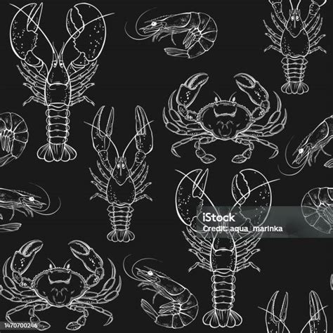 게 랍스터 가재 및 새우 검정에 매끄러운 벡터 패턴입니다 흑백 벽지 포장 직물 및 섬유 메뉴 장식 초대장 카드에 적합합니다 0명에 대한 스톡 벡터 아트 및 기타 이미지